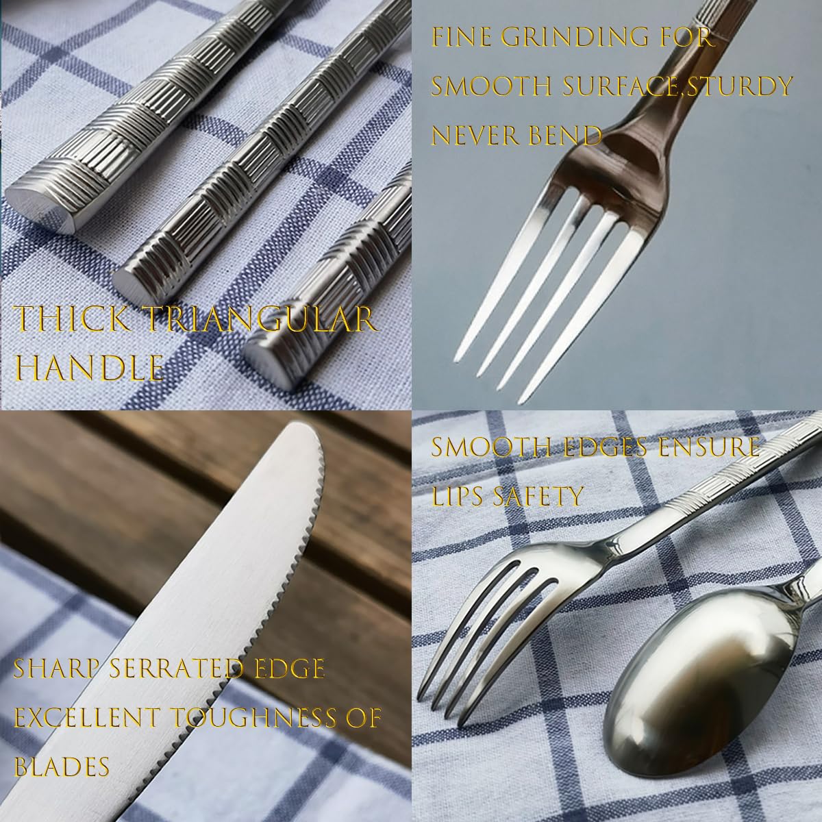 Thomaso 12-piece Hammered Silverware Set,Creative Triangle Handle Titanium Plating Stainless Steel Flatware Service for 4, Silver Spoons and Forks Set,Unique Triangle Cutlery Set, Dishwasher Safe