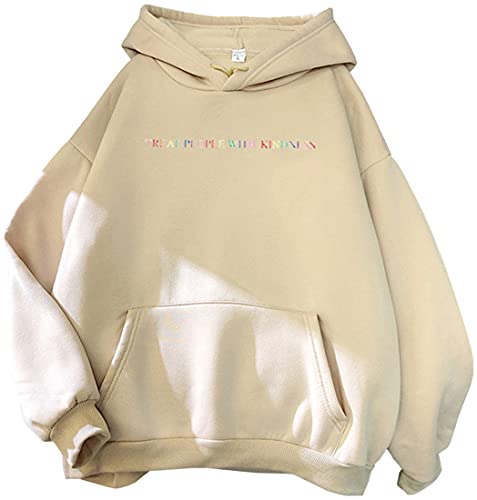 EMILYLE Unisex Hoodie TREAT PEOPLE WITH KINDNESS Theme Sweatshirt Colorful Pullover For Men Women(khaki-1,2XL)
