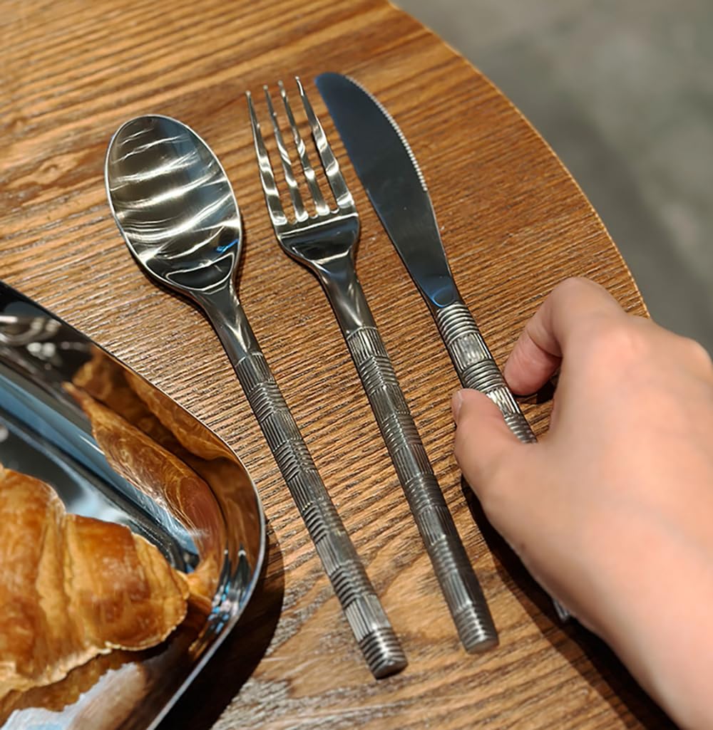 Thomaso 12-piece Hammered Silverware Set,Creative Triangle Handle Titanium Plating Stainless Steel Flatware Service for 4, Silver Spoons and Forks Set,Unique Triangle Cutlery Set, Dishwasher Safe