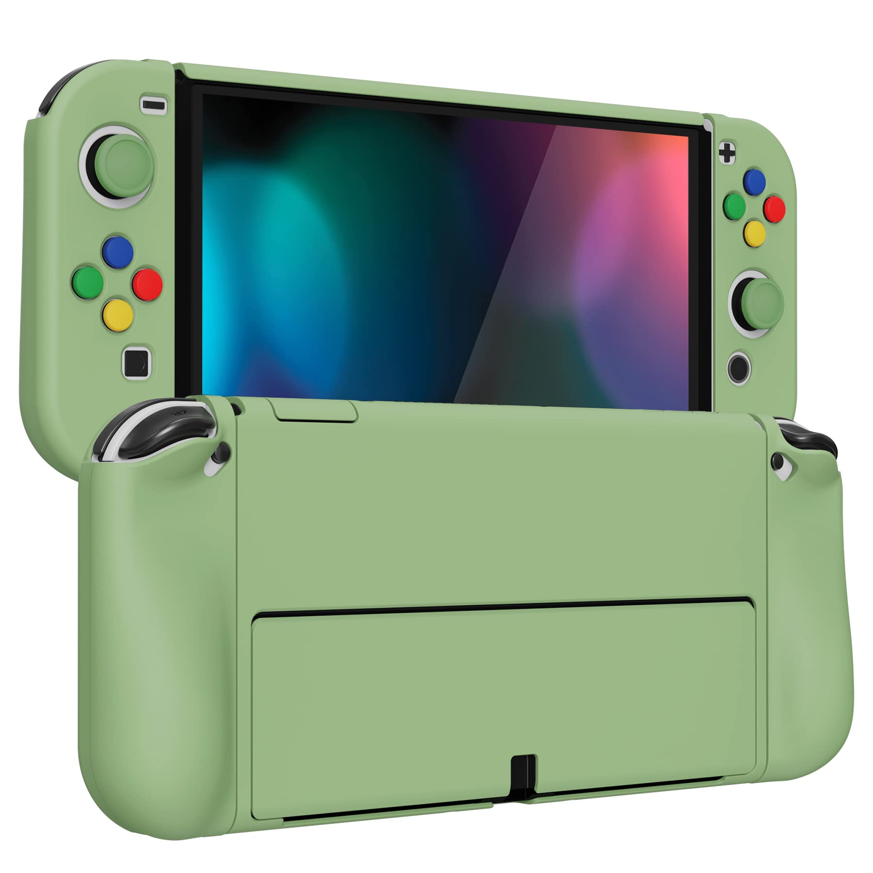 PlayVital AlterGrips Protective Slim Case for Nintendo Switch OLED, Ergonomic Grip Cover for Joycon, Dockable Hard Shell for Switch OLED w/Thumb Grip Caps & Button Caps - Matcha Green