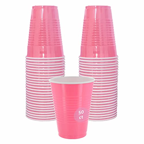 Party Hotteron [50 Count - 12 oz] Disposable Plastic Party Cups 12 oz Pink Red Black 50 Count Plastic Drinking Cups for Party (Pink, 50)