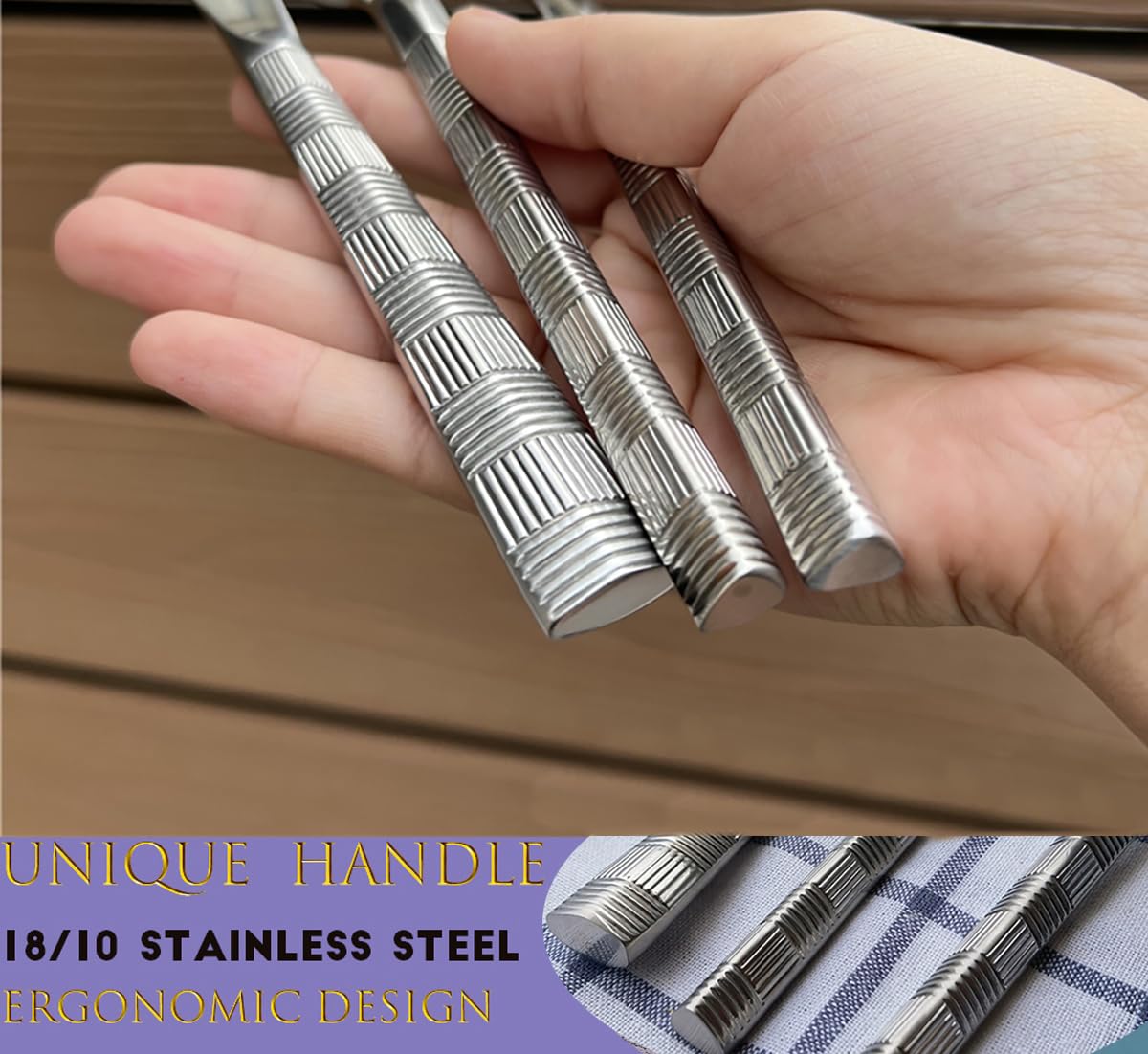 Thomaso 18-piece Hammered Silverware Set,Creative Triangle Handle Titanium Plating Stainless Steel Flatware Service for 6, Silver Spoons and Forks Set,Unique Triangle Cutlery Set, Dishwasher Safe
