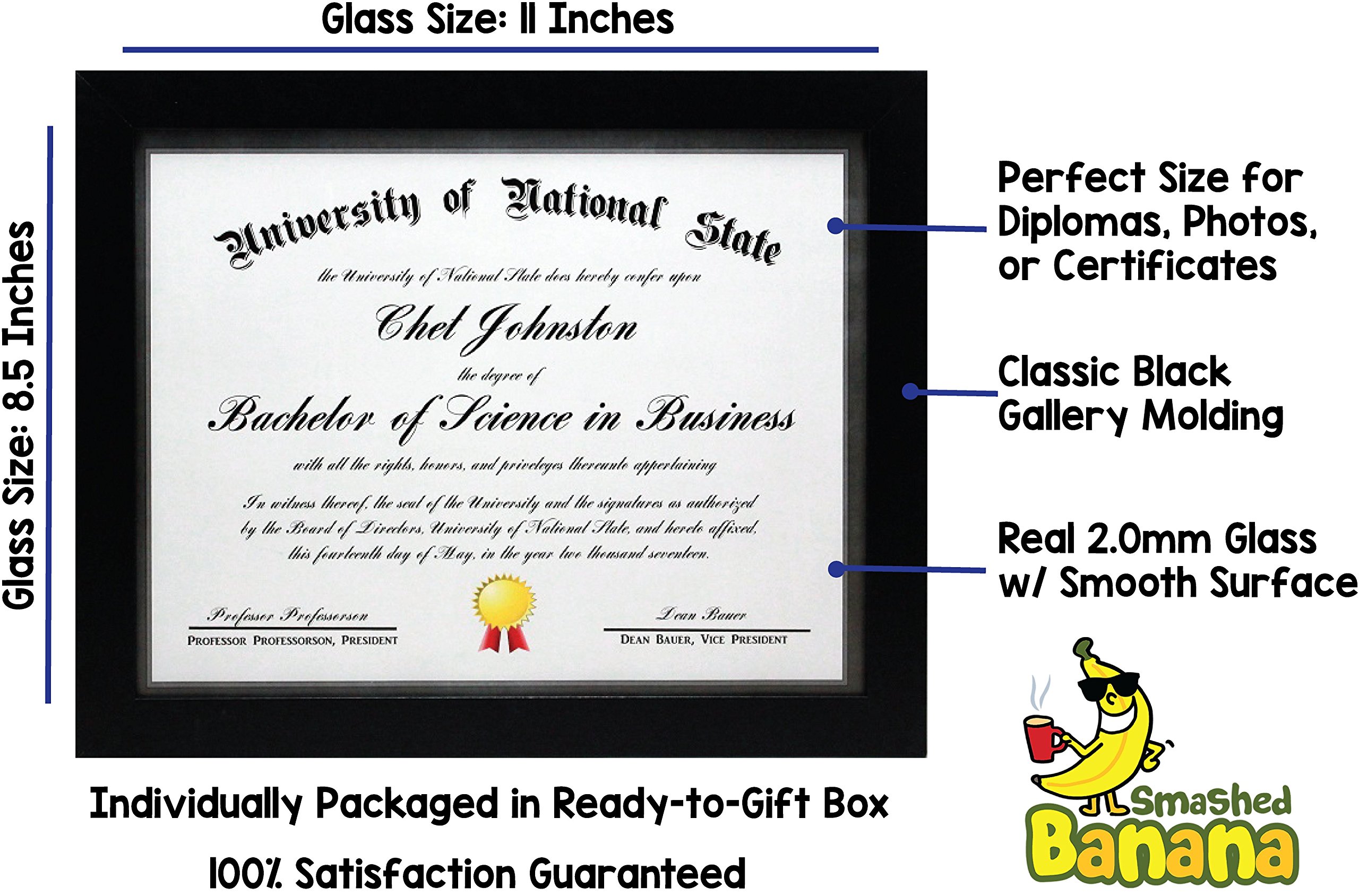 8.5x11 Black Gallery Certificate and Document Frame - Wide Molding - Includes Both Attached Hanging Hardware and Desktop Easel - Award, Certificates, Documents, a Diploma, or a Photo 8.5 x 11
