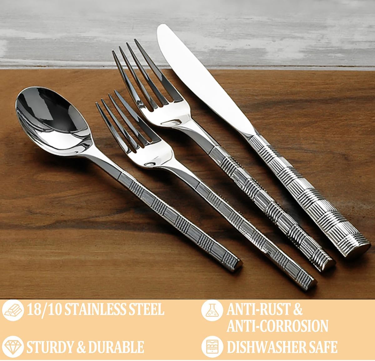 Thomaso 18-piece Hammered Silverware Set,Creative Triangle Handle Titanium Plating Stainless Steel Flatware Service for 6, Silver Spoons and Forks Set,Unique Triangle Cutlery Set, Dishwasher Safe