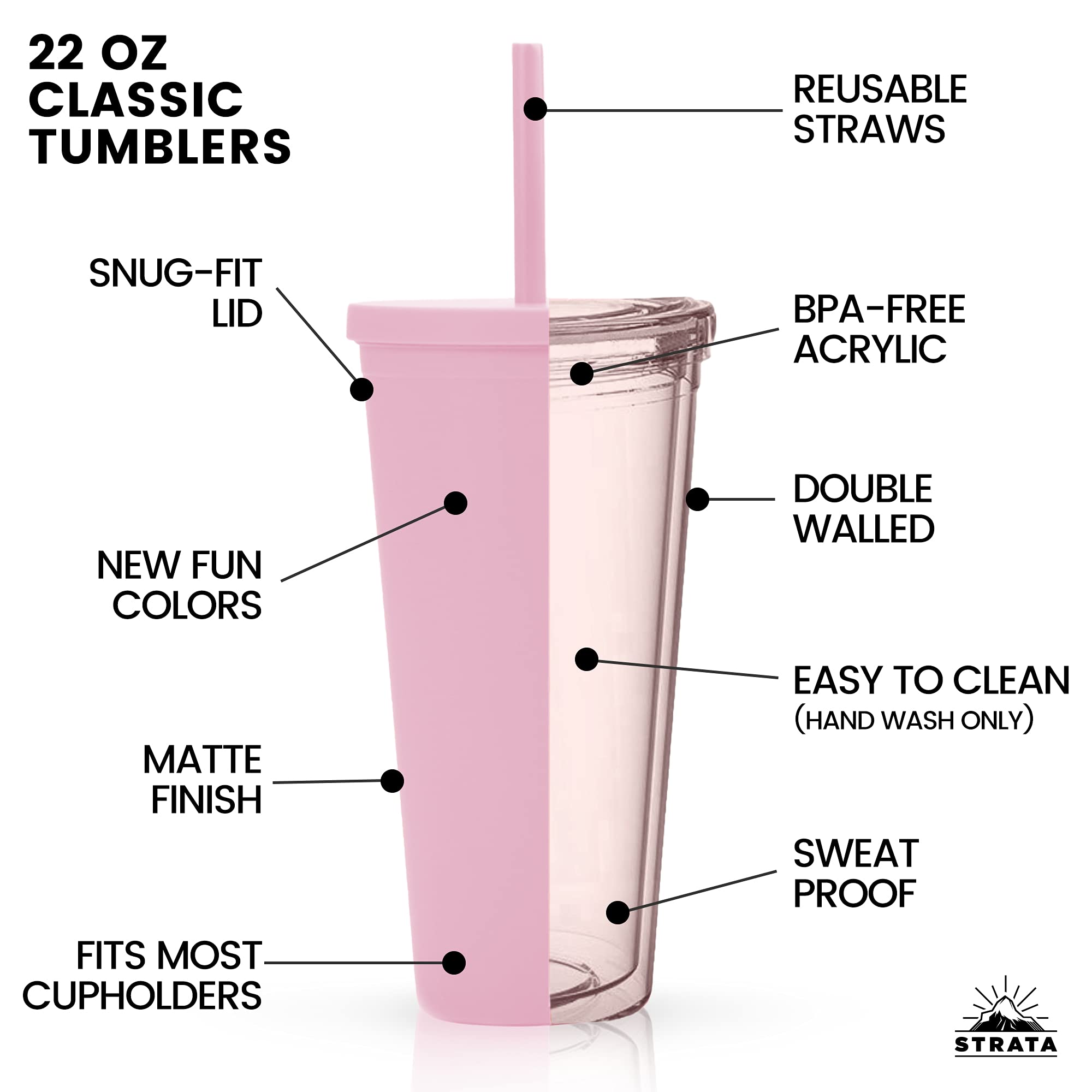 STRATA CUPS Classic Tumblers with Lids and Straws (8 pack) - 22oz Matte Pastel Colored Acrylic Tumblers with Lids and Straws, Double Wall Tumbler Bulk, Reusable Cup with Straw Cleaner (Pink)