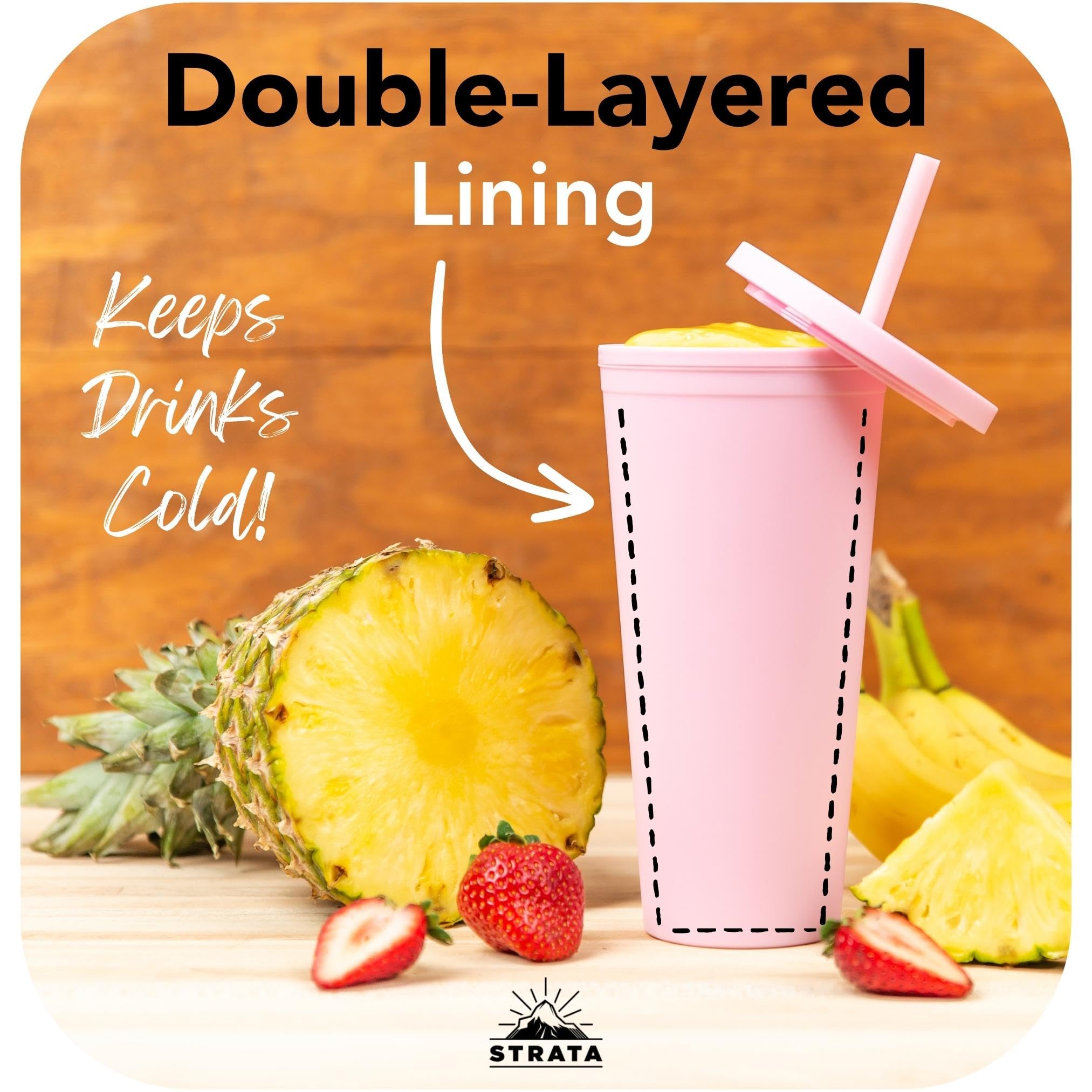 STRATA CUPS Classic Tumblers with Lids and Straws (8 pack) - 22oz Matte Pastel Colored Acrylic Tumblers with Lids and Straws, Double Wall Tumbler Bulk, Reusable Cup with Straw Cleaner (Pink)