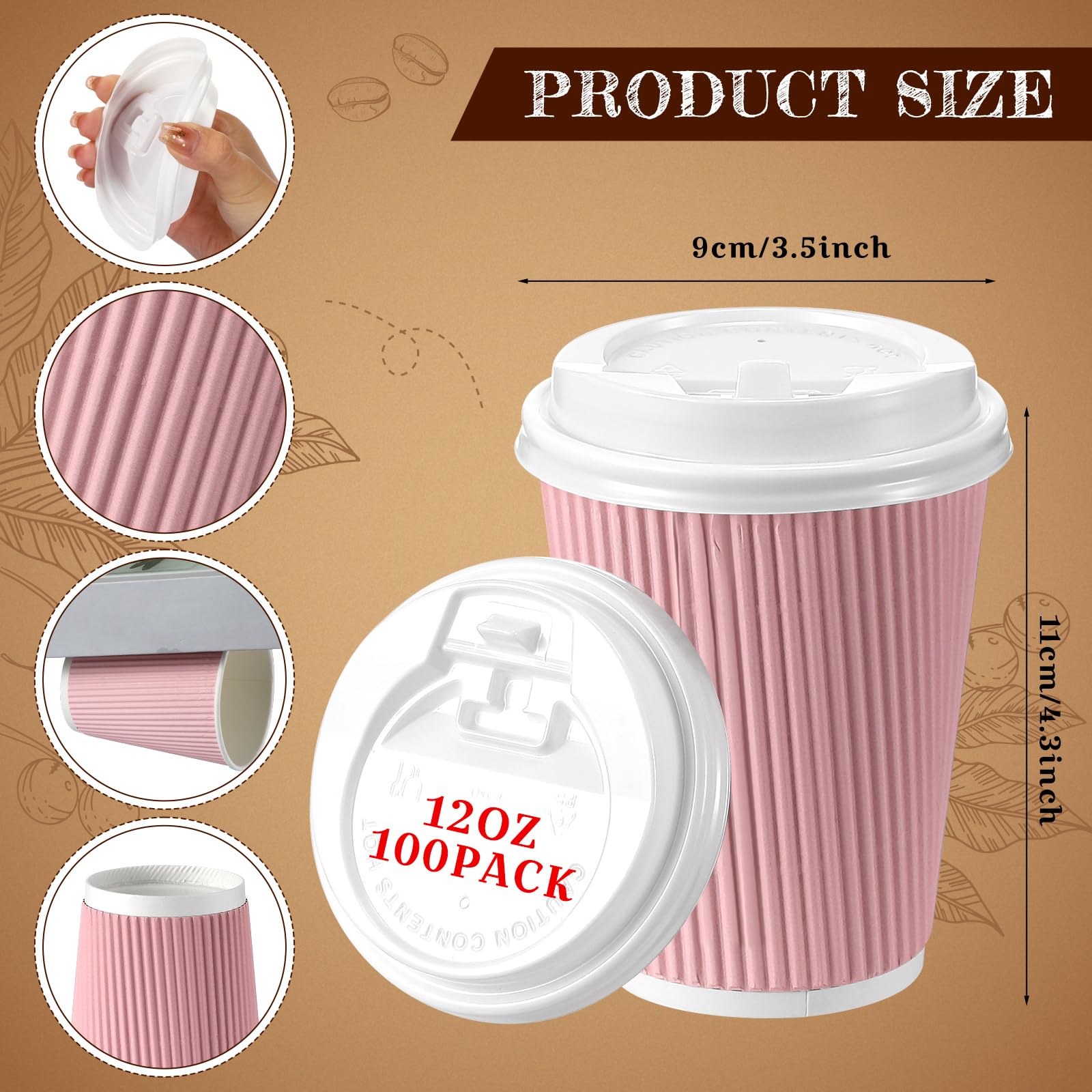 Tioncy 100 Pcs Disposable Coffee Cups with Lids Paper Cups Corrugated Ripple Wall Insulated Hot Cups with Lids for Coffee Juice Dinks Home Office Restaurant Cafe Coffee Bar Supplies (Pink,12 oz)