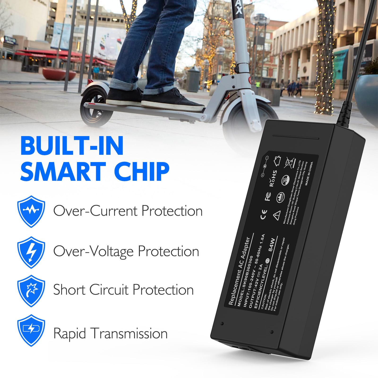42V 2A Power Adapter for Lime Scooter Chargers,3-Prong Inline Connector for 36V Pocket Mod, Sports Mod Lithium Battery, Battery Charger for Electric Scooter