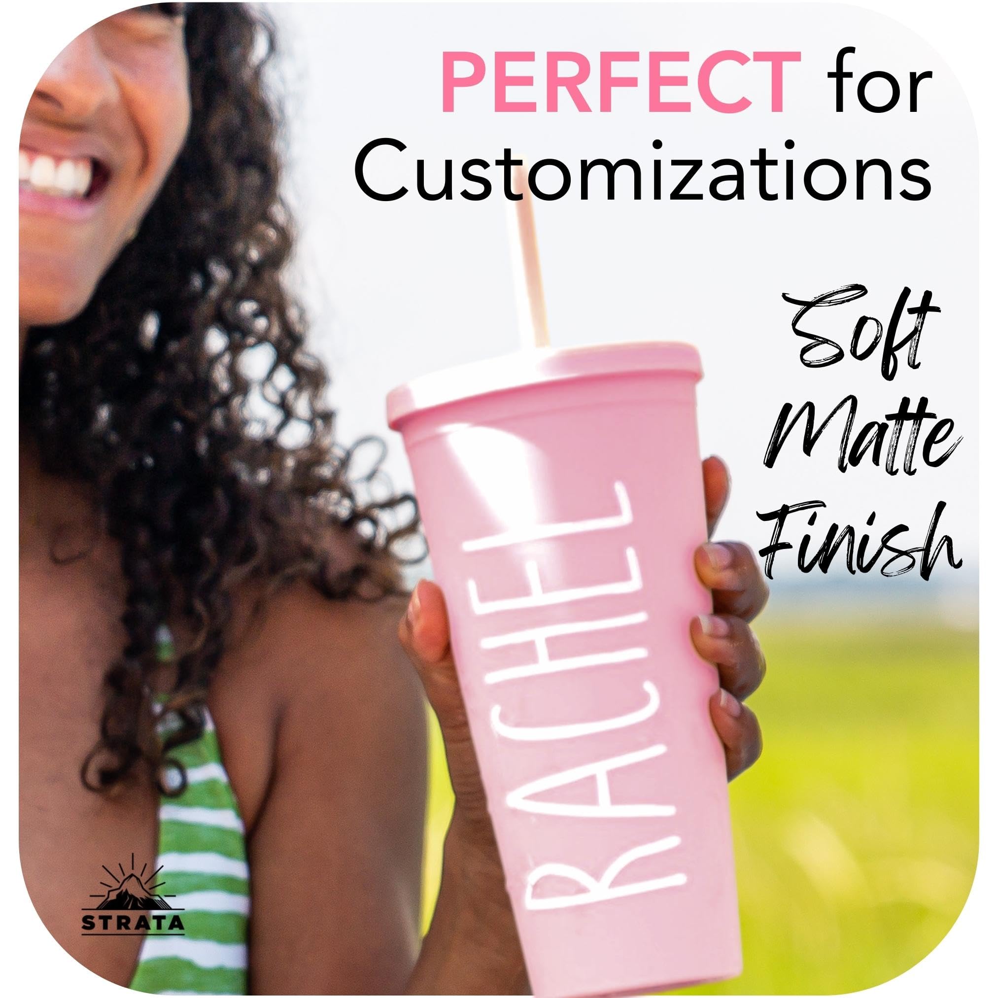 STRATA CUPS Classic Tumblers with Lids and Straws (8 pack) - 22oz Matte Pastel Colored Acrylic Tumblers with Lids and Straws, Double Wall Tumbler Bulk, Reusable Cup with Straw Cleaner (Pink)
