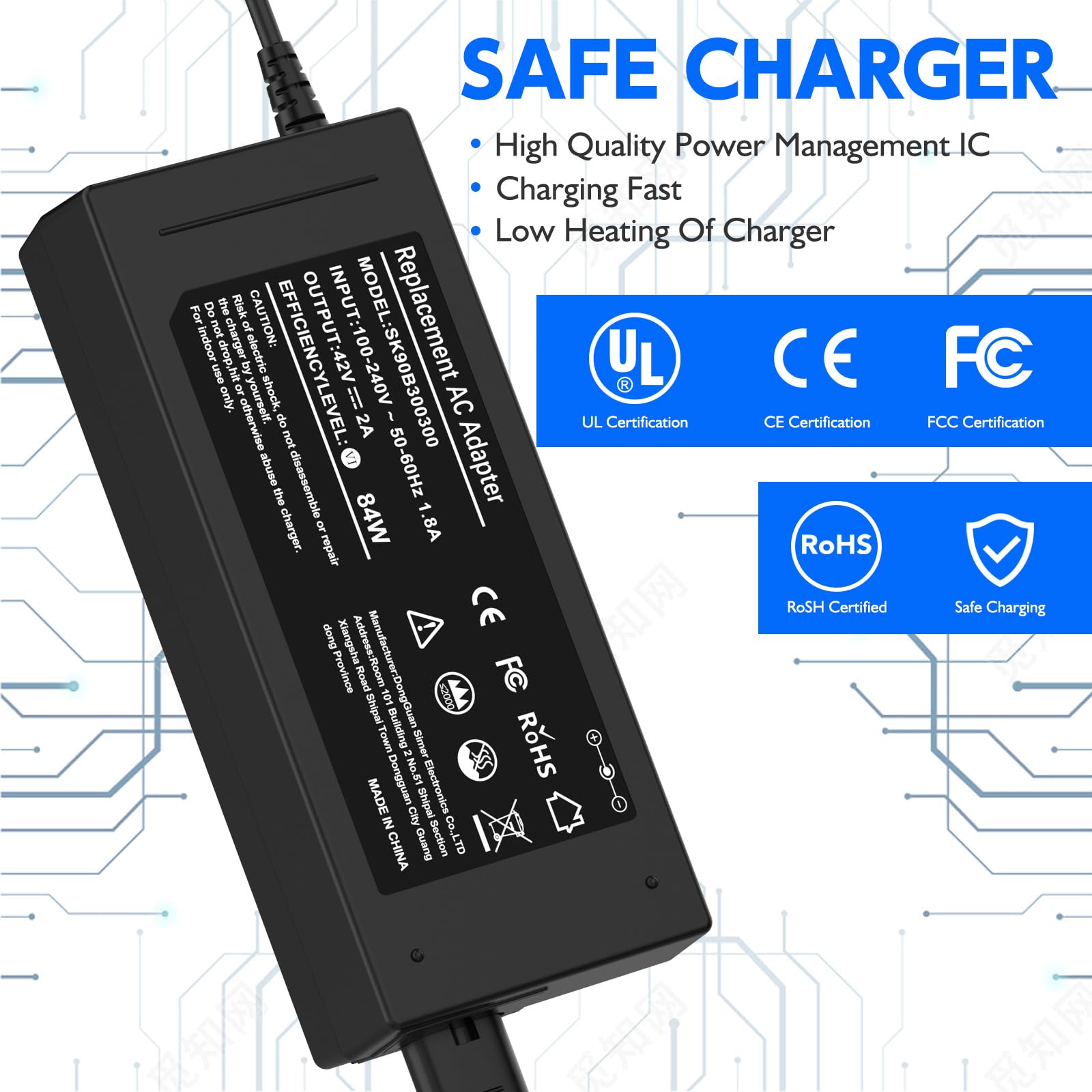 42V 2A Power Adapter for Lime Scooter Chargers,3-Prong Inline Connector for 36V Pocket Mod, Sports Mod Lithium Battery, Battery Charger for Electric Scooter