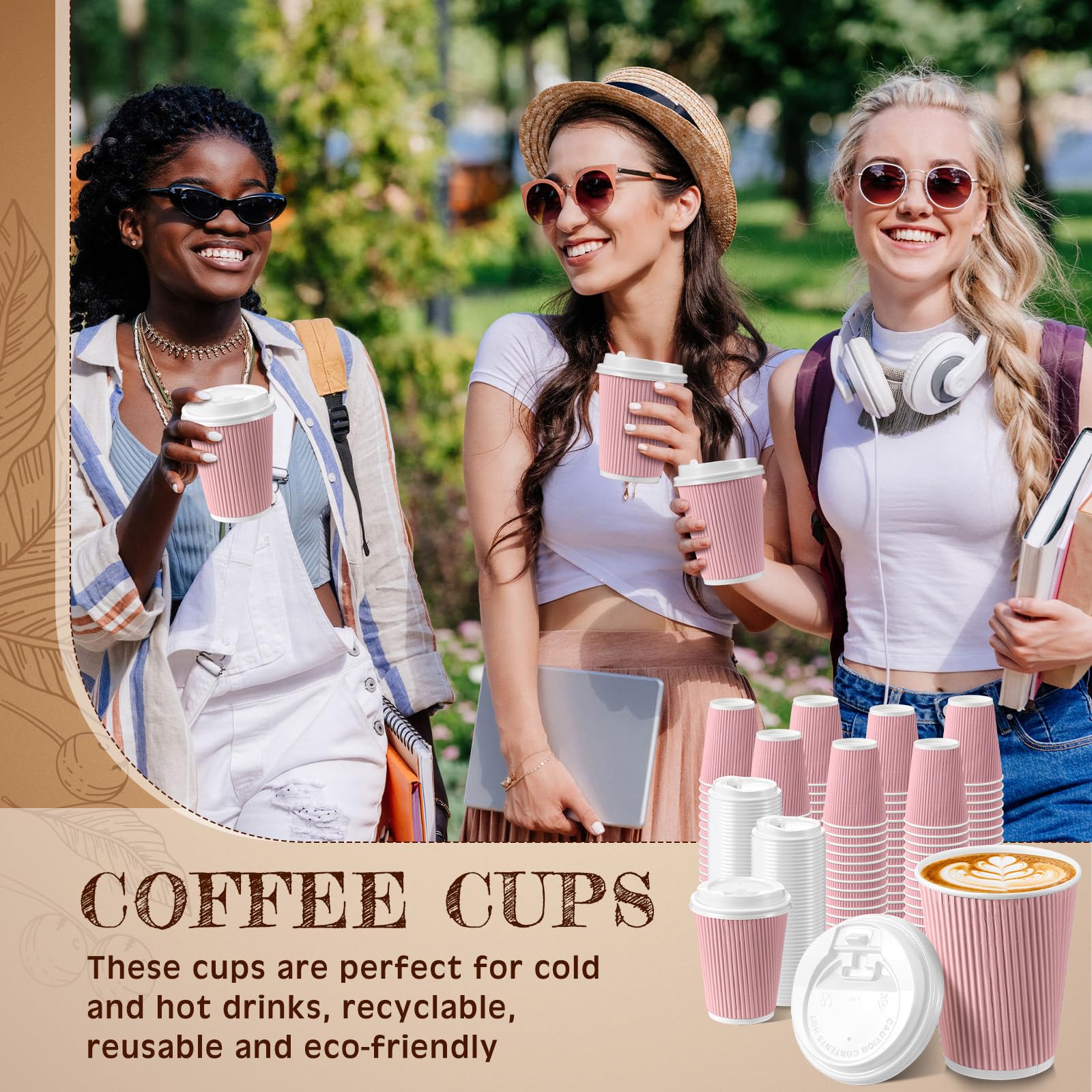 Tioncy 100 Pcs Disposable Coffee Cups with Lids Paper Cups Corrugated Ripple Wall Insulated Hot Cups with Lids for Coffee Juice Dinks Home Office Restaurant Cafe Coffee Bar Supplies (Pink,12 oz)