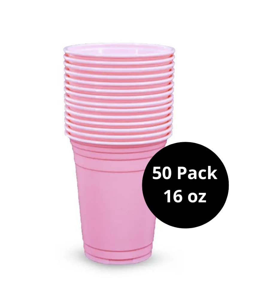 Pink Cups- 50 Pack-16 Oz Disposable Plastic Party Cup Perfect for Events and Parties (Pink)