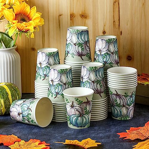 Umigy 100 Pcs 9 oz Fall Disposable Paper Cups Pumpkin Cup Thanksgiving Party Supplies Pumpkin Maple Leaves Cups for Coffee Juice Hot Cold Drink Thanksgiving Decorations(Simple Pumpkin)