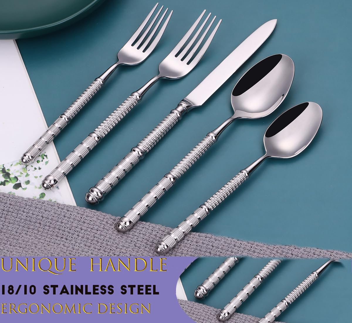 Thomaso 60-piece Hammered Silverware Set,18/10 Stainless Steel Flatware Service for 12, Silver Spoons and Forks Set,Unique Round Handle Cutlery Set, Wedding Housewarming Gift, Dishwasher Safe