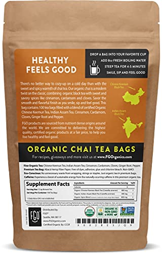 Organic Chai Tea Bags | 100 Tea Bags | Blend of Chinese Keemun Tea, Indian Assam Tea, Cinnamon, Cardamom, Cloves, Ginger, Black Pepper | Eco-Conscious Tea Bags in Kraft Bag | Blended in USA | by FGO