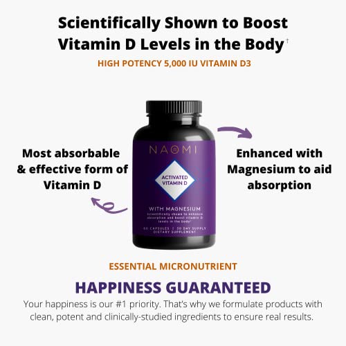 NAOMI Activated Vitamin D, Vitamin D3 5000 IU with Magnesium Supplement, Vitamin D for Strong Bones, Balanced Mood and Optimal Immune Support, K Minerals, D Vitamin IU- 60 Veggie Capsules