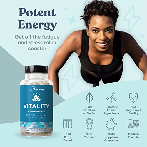 Eu Natural Vitality Adrenal Support, Cortisol Manager, Fatigue Fighter โ Healthy Cortisol, Focused Energy โ Ashwagandha, Magnesium, L-Tyrosine โ 60 Vegetarian Soft Capsules