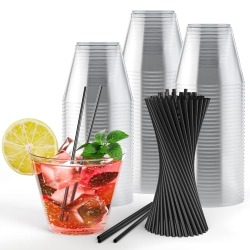Exquisite Clear Plastic Cups With Straws 100 Pack - Clear Tumbler - 9 Oz Plastic Cups Disposable Cups Plastic Tumblers - Cocktail Cups, Party Cups With Straws - For Parties, Events And Weddings