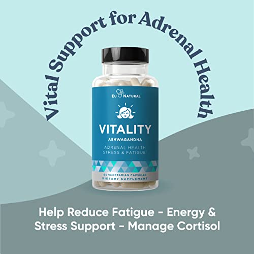 Eu Natural Vitality Adrenal Support, Cortisol Manager, Fatigue Fighter โ Healthy Cortisol, Focused Energy โ Ashwagandha, Magnesium, L-Tyrosine โ 60 Vegetarian Soft Capsules