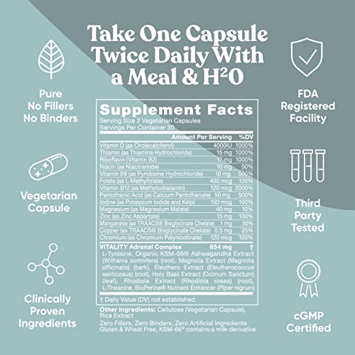 Eu Natural Vitality Adrenal Support, Cortisol Manager, Fatigue Fighter โ Healthy Cortisol, Focused Energy โ Ashwagandha, Magnesium, L-Tyrosine โ 60 Vegetarian Soft Capsules