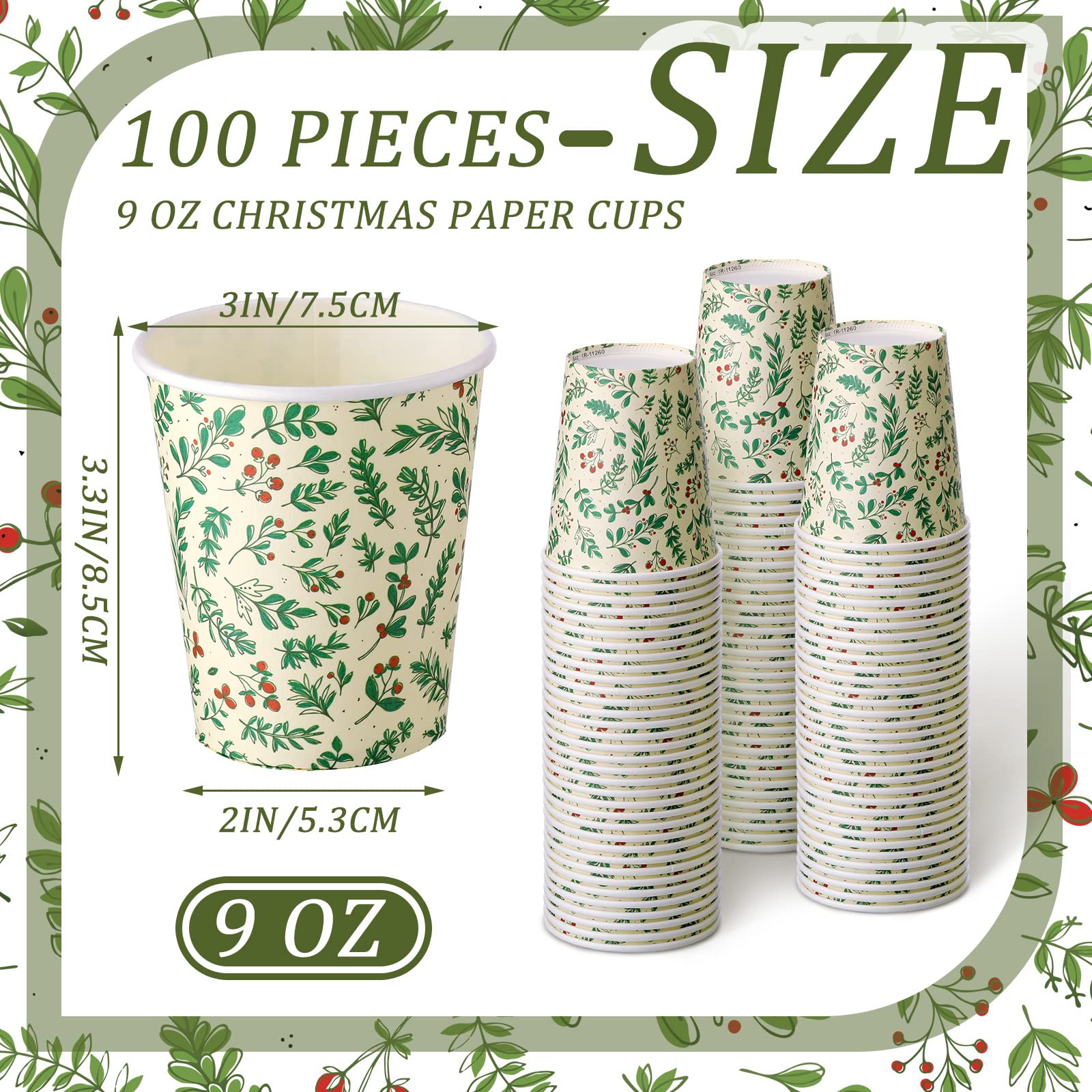 Panelee 100 Pieces 9 oz Christmas Paper Cups Christmas Holly Cups Disposable Paper Coffee Cup for Christmas Party Supplies Xmas Cups for Holidays Coffee Tea Cold Hot Drinks