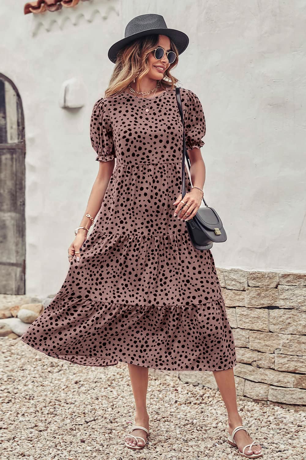 PRETTYGARDEN Women's Summer Casual Boho Dress Floral Print Ruffle Puff Short Sleeve Flowy Midi Beach Party Dresses (Pink,Large)