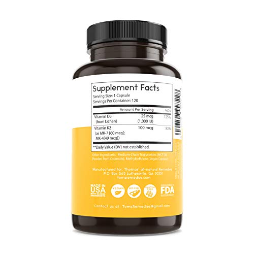 Thomas' all-natural Remedies D3 + K2 with MCT Oil for Better Absorption - 1000 IU D3 - Vegan - Made in USA - Support for Your Heart, Bones & Teeth - Non-GMO - 120ct