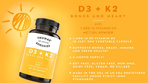 Thomas' all-natural Remedies D3 + K2 with MCT Oil for Better Absorption - 1000 IU D3 - Vegan - Made in USA - Support for Your Heart, Bones & Teeth - Non-GMO - 120ct