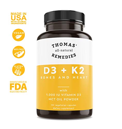 Thomas' all-natural Remedies D3 + K2 with MCT Oil for Better Absorption - 1000 IU D3 - Vegan - Made in USA - Support for Your Heart, Bones & Teeth - Non-GMO - 120ct
