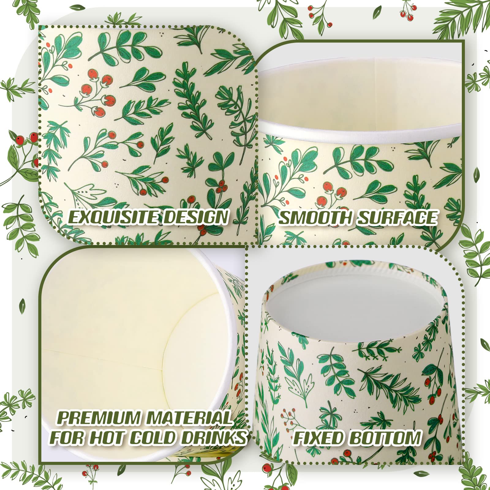 Panelee 100 Pieces 9 oz Christmas Paper Cups Christmas Holly Cups Disposable Paper Coffee Cup for Christmas Party Supplies Xmas Cups for Holidays Coffee Tea Cold Hot Drinks