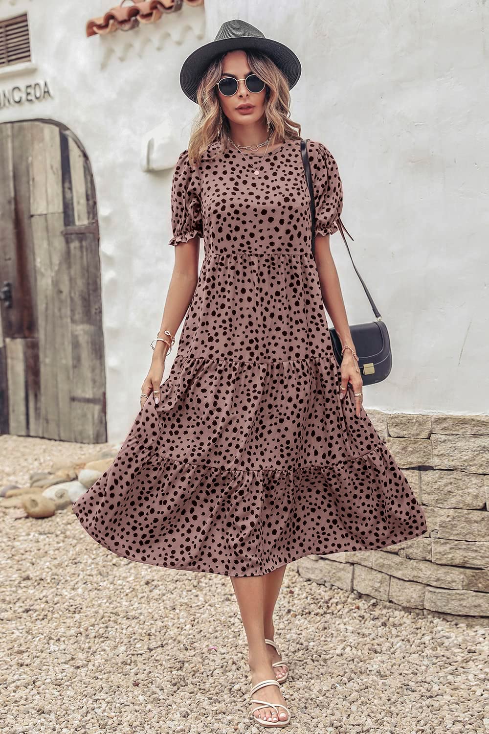 PRETTYGARDEN Women's Summer Casual Boho Dress Floral Print Ruffle Puff Short Sleeve Flowy Midi Beach Party Dresses (Pink,Large)