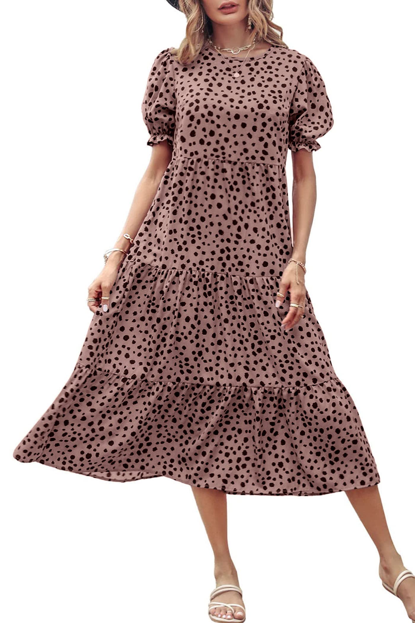 PRETTYGARDEN Women's Summer Casual Boho Dress Floral Print Ruffle Puff Short Sleeve Flowy Midi Beach Party Dresses (Pink,Large)