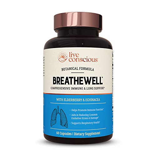 Live Conscious BreatheWell Botanical Respiratory Immune Supplement | with Echinacea, Elderberry, Zinc | Immune System Support Vitamins 60 Capsules