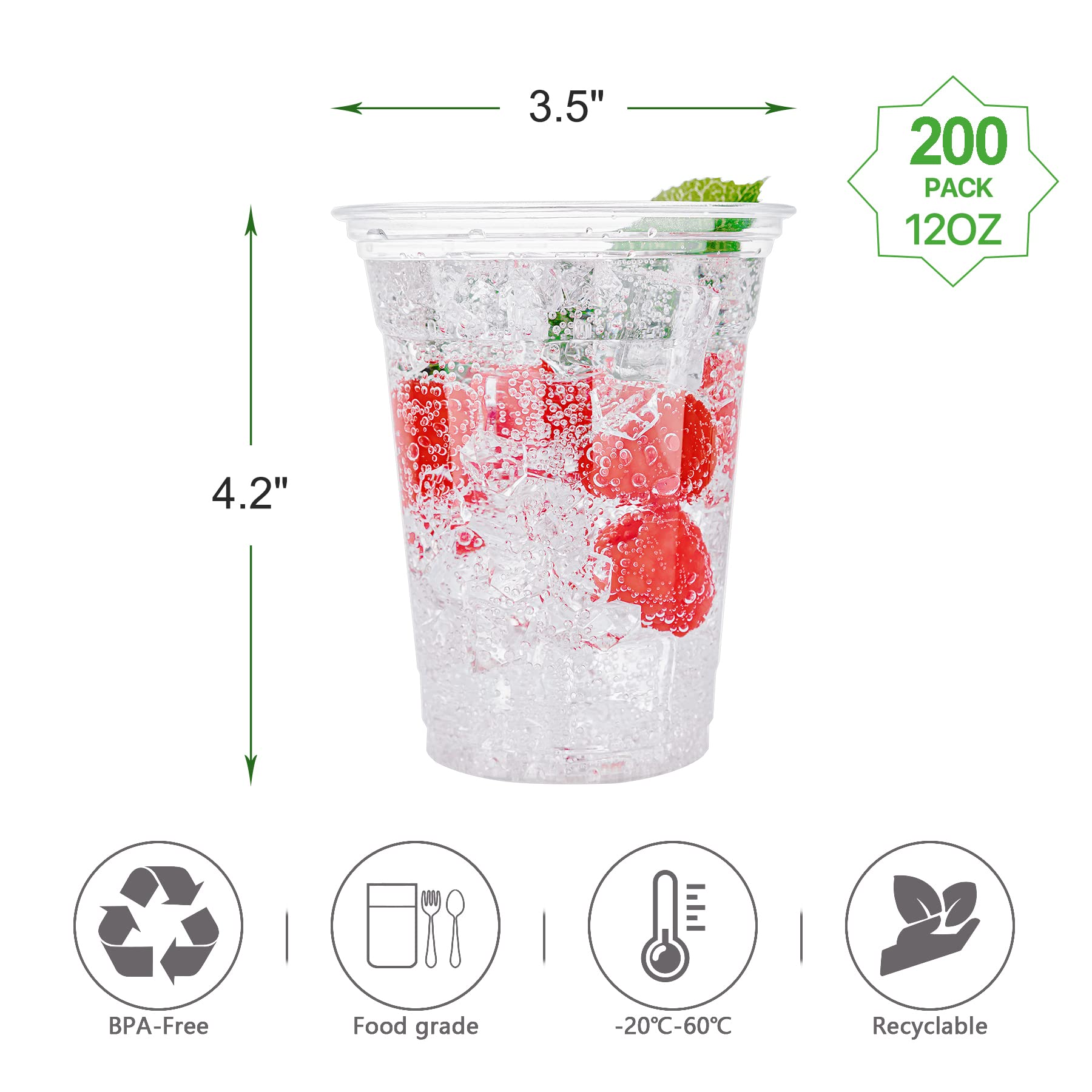 Lullaby 200 Pack Disposable Clear Solo Cups, 12oz Crystal Clear Plastic Cups Bulk, PET Drinking Cup for Water, Juice, Soda, Ice Coffee, Ideal for Party, Wedding and Daily Use