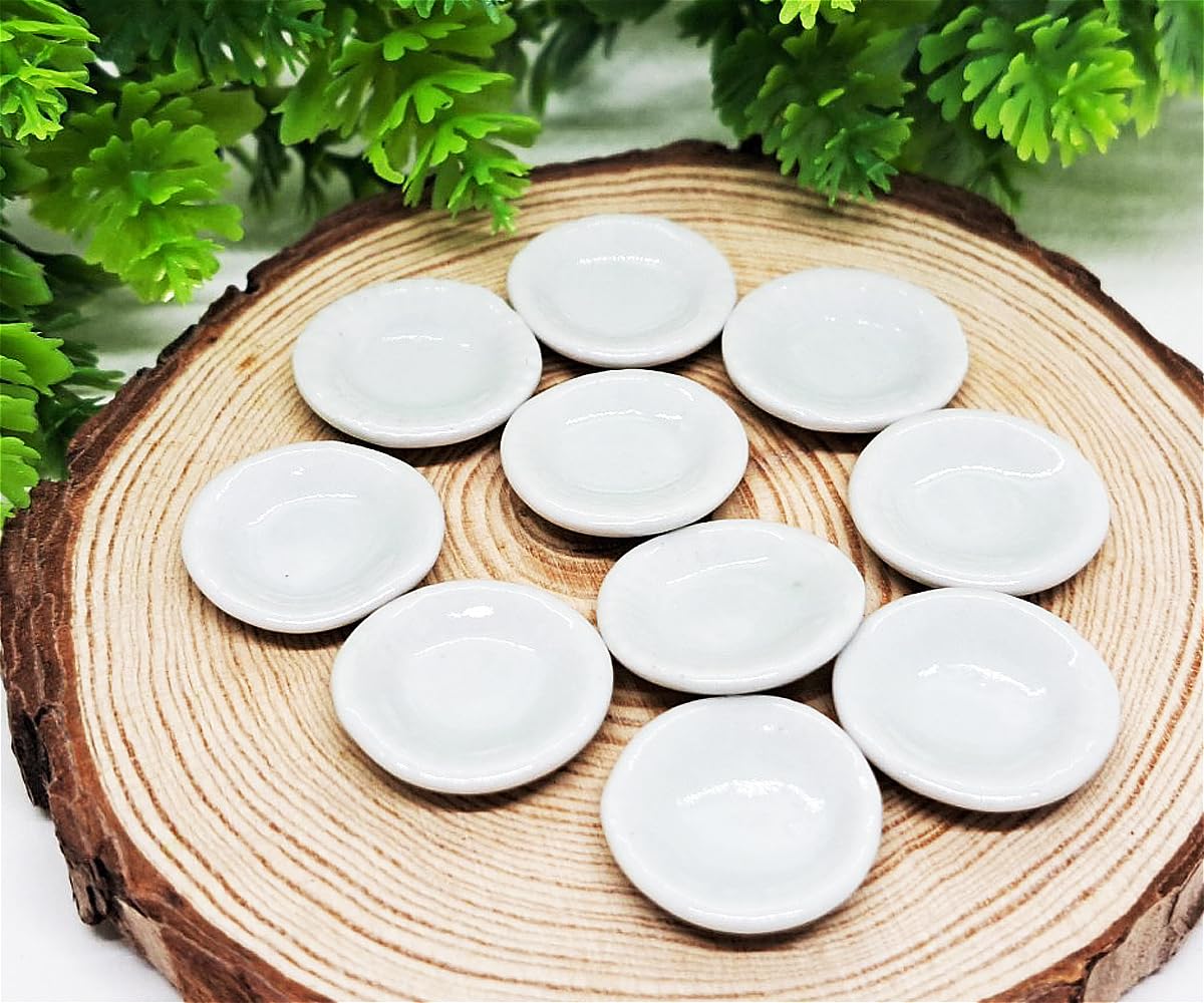 ChangThai Design Very Tiny ⅝ Inch Diameter White Round Ceramic Plate 10 Pieces Set - Miniature Tableware Tray Bowl Crockery Cutlery Kitchenware Handmade Mini Porcelain Decorative Collectible Gifts