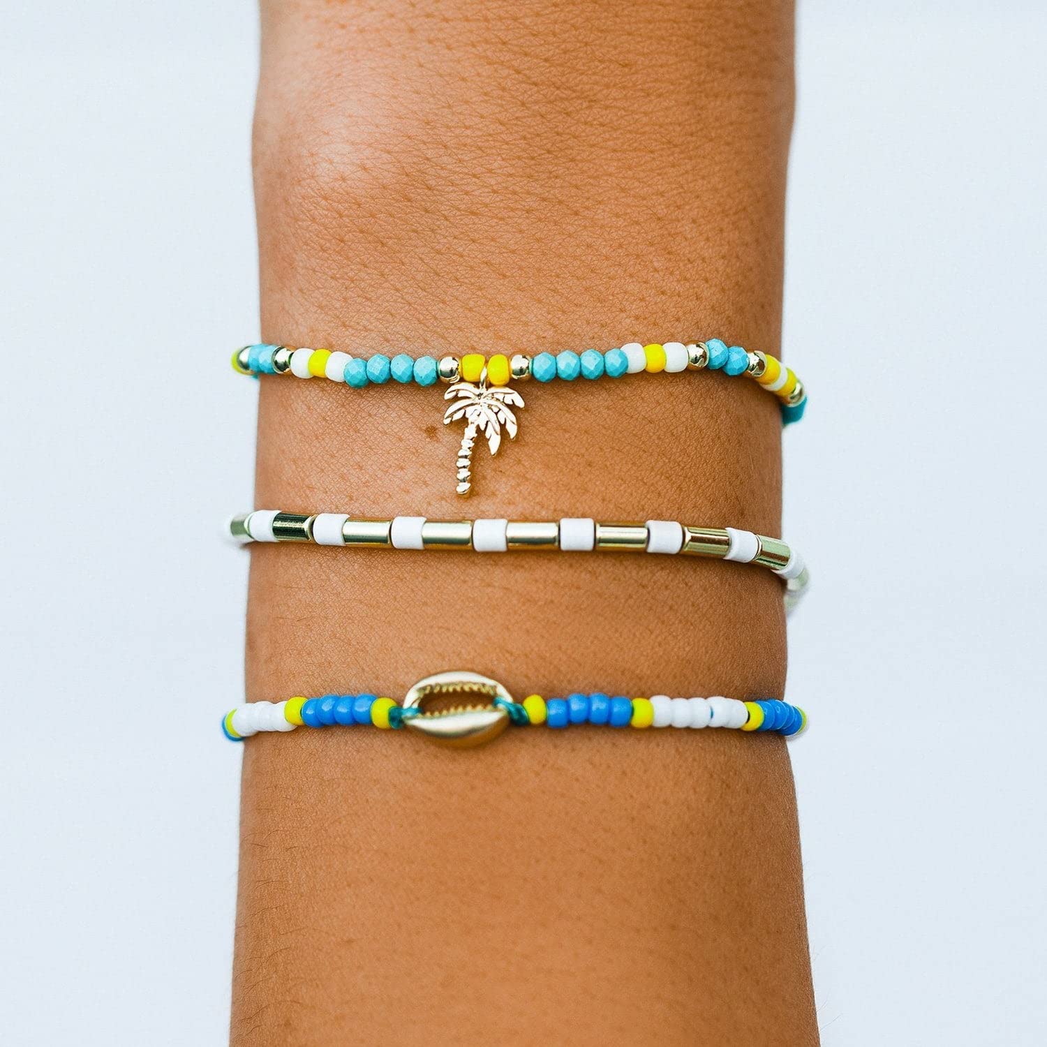 Pura Vida Glowing Palms Style Bracelet Pack - Stackable Bracelets for Women - Handmade Accessories, Adjustable Bands - Multicolor, Set of 3