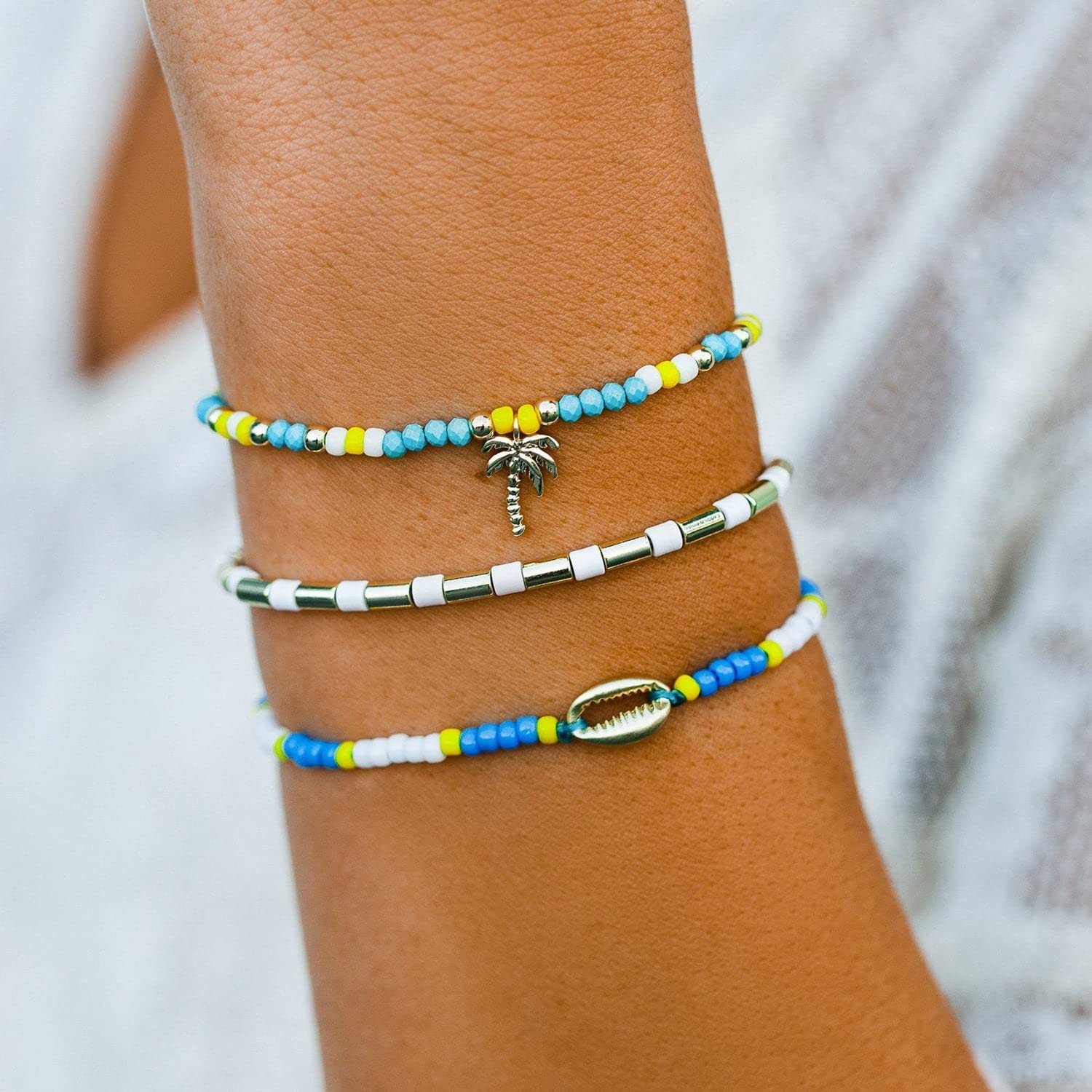 Pura Vida Glowing Palms Style Bracelet Pack - Stackable Bracelets for Women - Handmade Accessories, Adjustable Bands - Multicolor, Set of 3