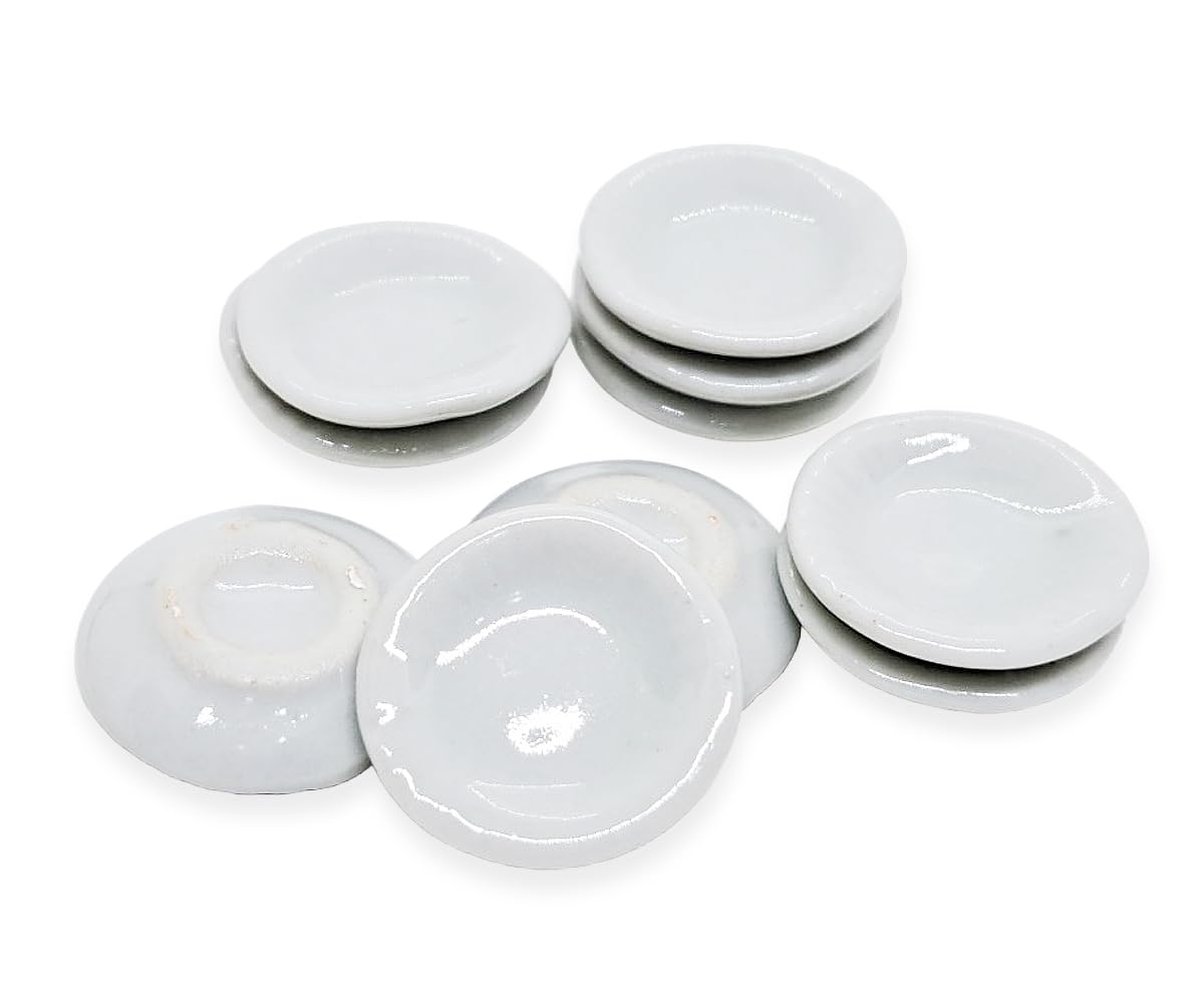 ChangThai Design Very Tiny ⅝ Inch Diameter White Round Ceramic Plate 10 Pieces Set - Miniature Tableware Tray Bowl Crockery Cutlery Kitchenware Handmade Mini Porcelain Decorative Collectible Gifts