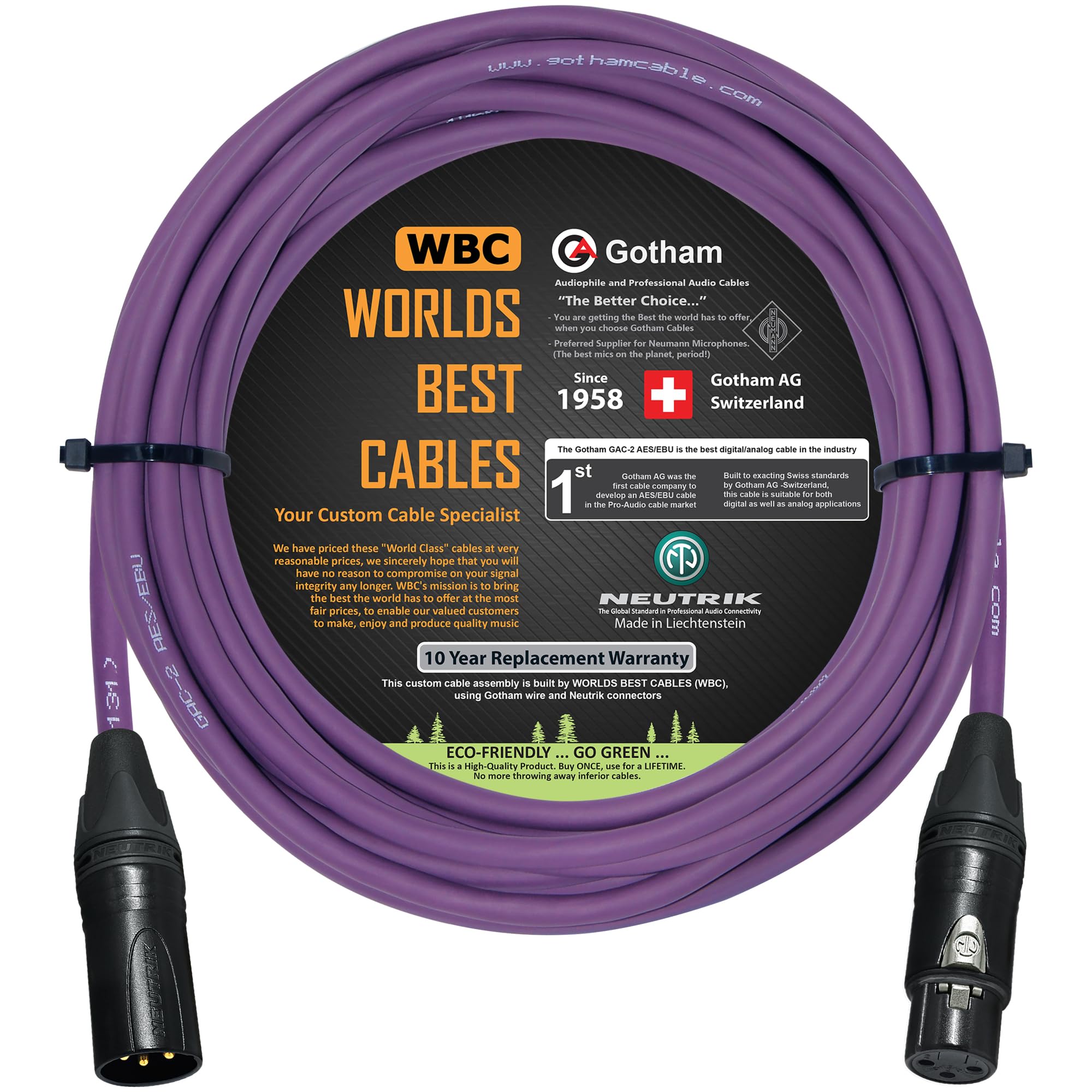 WORLDS BEST CABLES 20 Foot - Gotham GAC-2 AES/EBU (Purple) - Low-Loss, 2xCore 2xShielded Balanced Digital & Analog Audio Cable w/Neutrik Gold Male to Female XLR Plugs - Custom Made