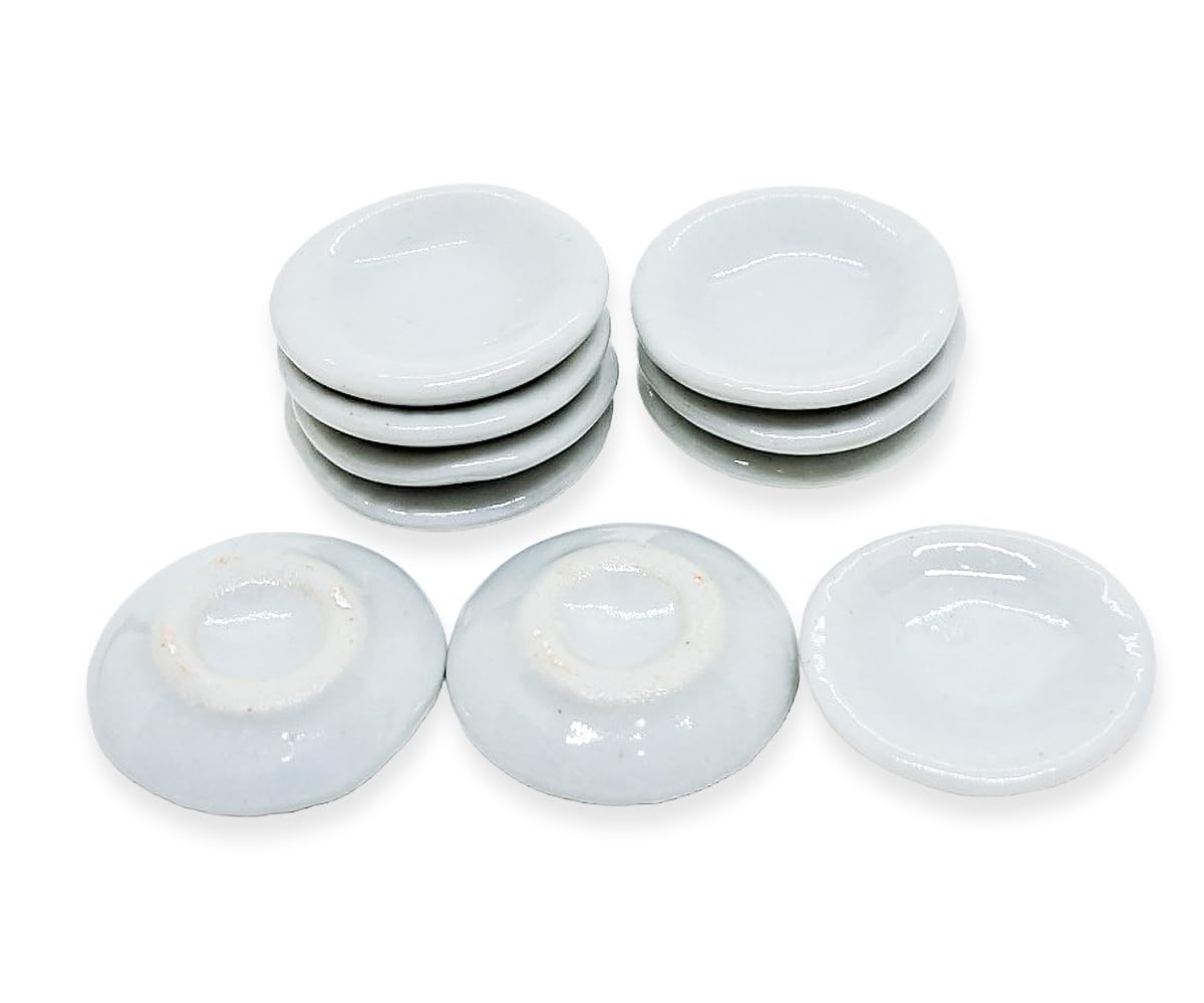 ChangThai Design Very Tiny ⅝ Inch Diameter White Round Ceramic Plate 10 Pieces Set - Miniature Tableware Tray Bowl Crockery Cutlery Kitchenware Handmade Mini Porcelain Decorative Collectible Gifts