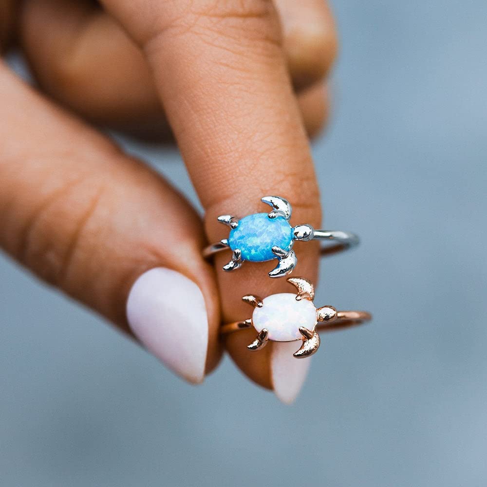 Pura Vida Rose Gold-Plated Opal Sea Turtle Ring w/White Stone - Brass Base, Stylish Design - Size 6