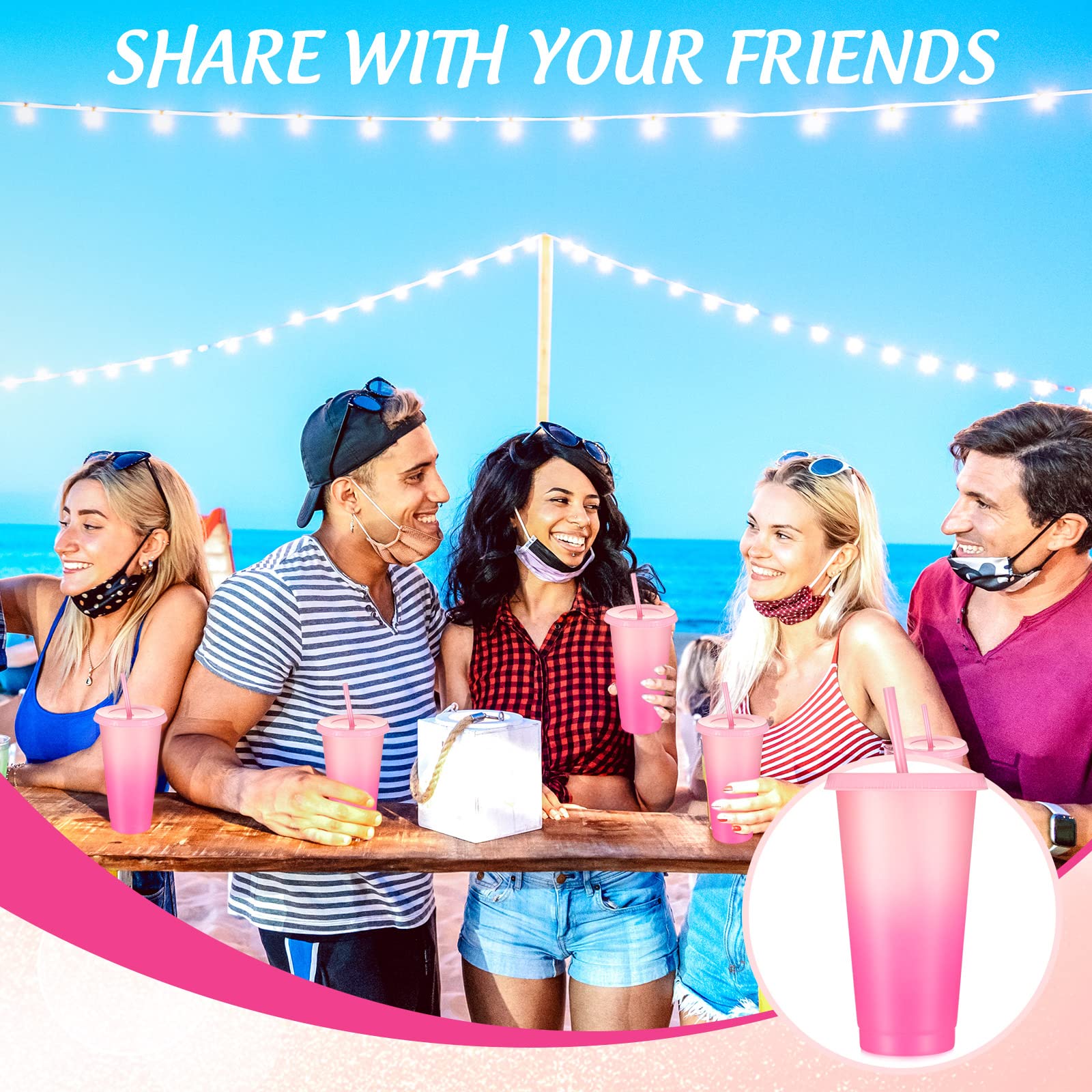 Lallisa Reusable Cups with Lids and Straws 24oz Plastic Cups for Adults Plastic Drink Water Bottle Travel Mug Iced Cold Drinking Cup for Bachelor Party Girls Party(Hot Pink, Pink, 12 Pcs)