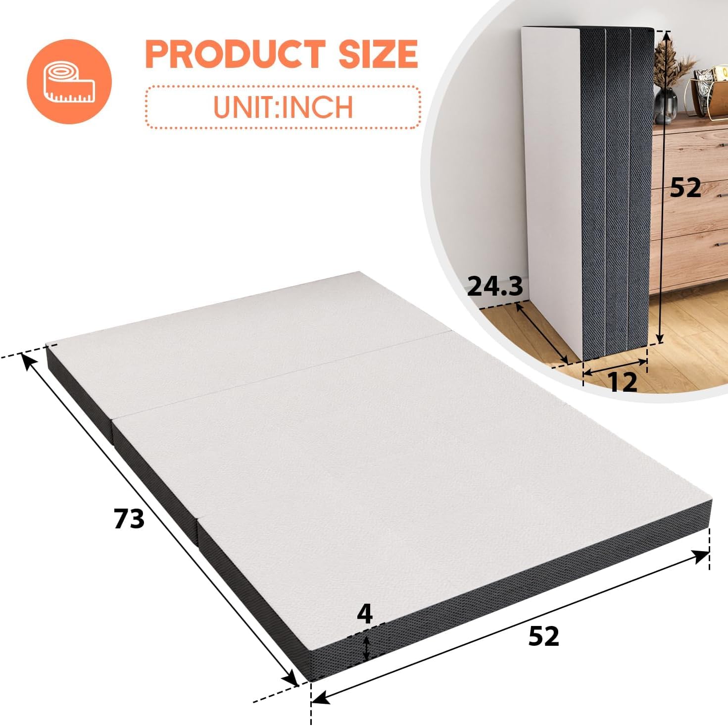 Folding Mattress, 4 Inch Portable Full Size Trifold Mattress, Foldable Memory Foam Mattress with Washable Cover for Camping, Guest, Yoga, Travel, Certipur-US Certified, Full