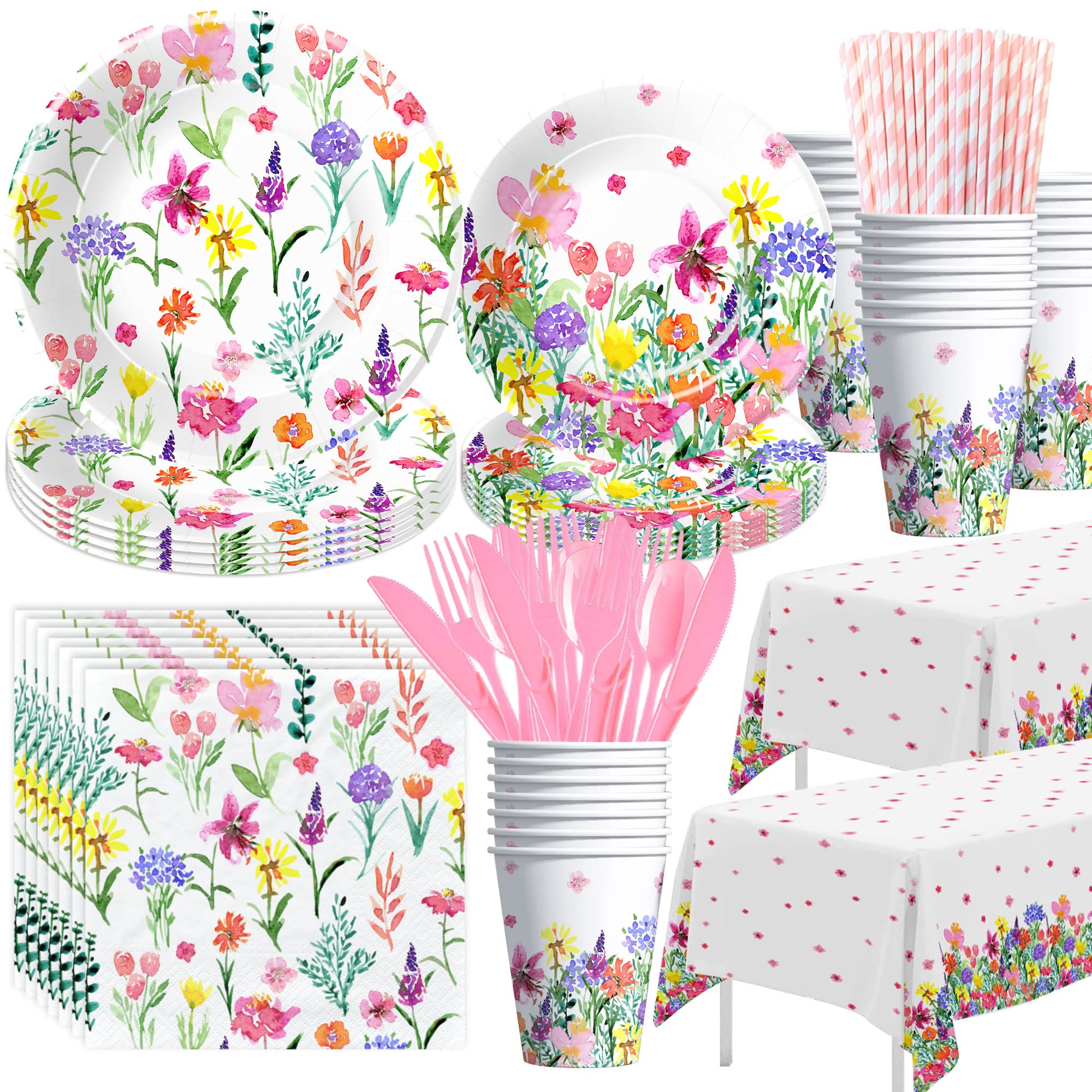Xigejob Wildflower Decorations Tableware - Floral Party Supplies, Plate, Cup, Napkin, Tablecloth, Cutlery, Spring Summer Flower Party Decorations For Birthday, Baby Shower, Tea Party | Serve 24