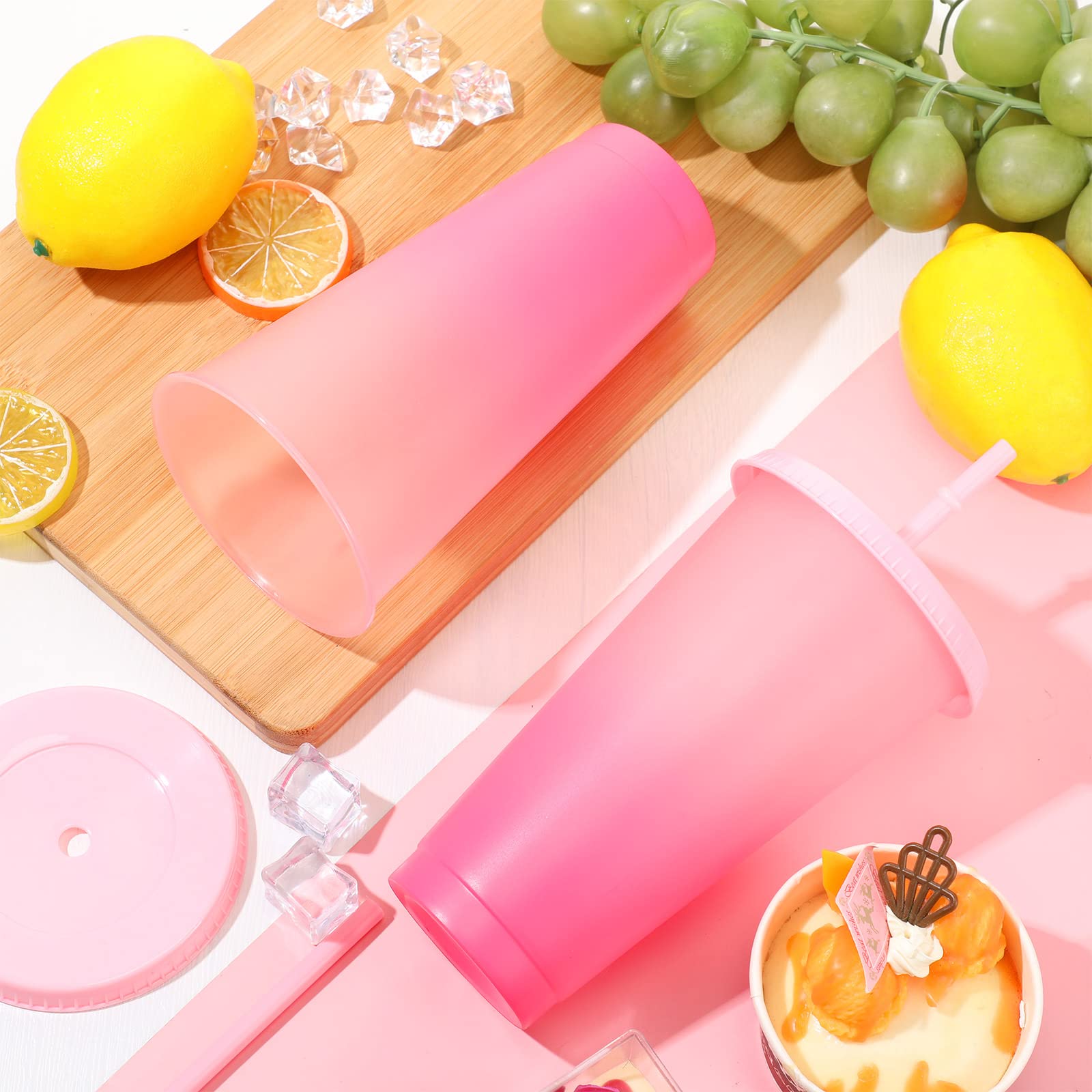 Lallisa Reusable Cups with Lids and Straws 24oz Plastic Cups for Adults Plastic Drink Water Bottle Travel Mug Iced Cold Drinking Cup for Bachelor Party Girls Party(Hot Pink, Pink, 12 Pcs)