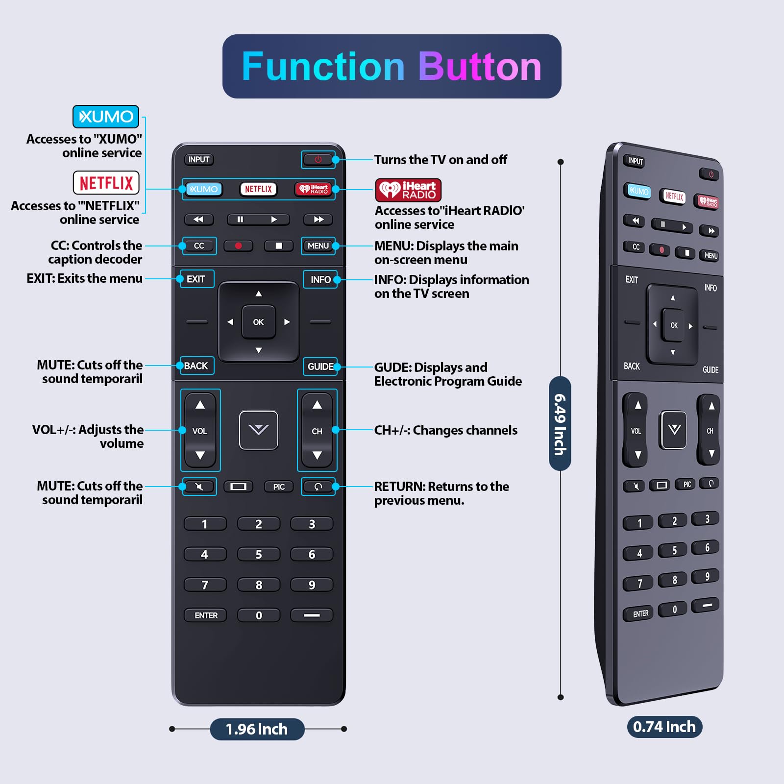 XRT122 Replacement Remote Control Compatible for Vizio Smart TV D55U-D1 D58U-D3 D60-D3 E32-C1 E32H-C1 E40-C2 E40X-C2 E43-C2 E48-C2 E50-C1 E55-C1 E65-C3 E65X-C2 E70-C