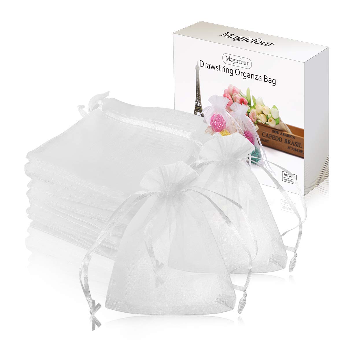 MagicFour White Organza Bags, 50 Pack 4x5 inches Drawstring Gift Bags, Mesh Valentines Christmas Party Bag Wedding Bags, Sachet Bags Sheer Organza Pouches,Favor Jewelry Bags