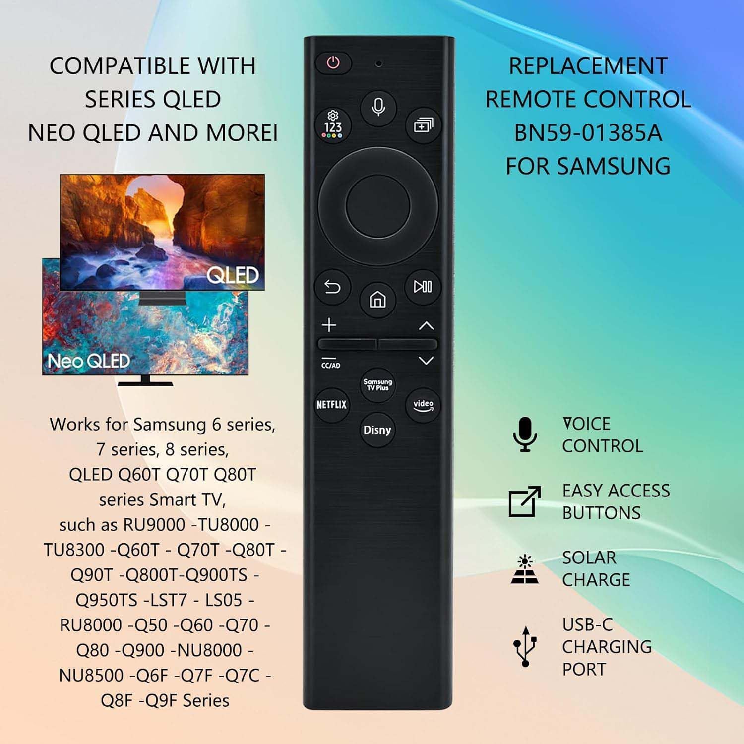 Fourmor Original Voice Remote Control - BN59-01385A Solar Charging for Samsung 2021 and 2022 and2023 Smart TVs. Also Bn59-01385B Full Function Replacement