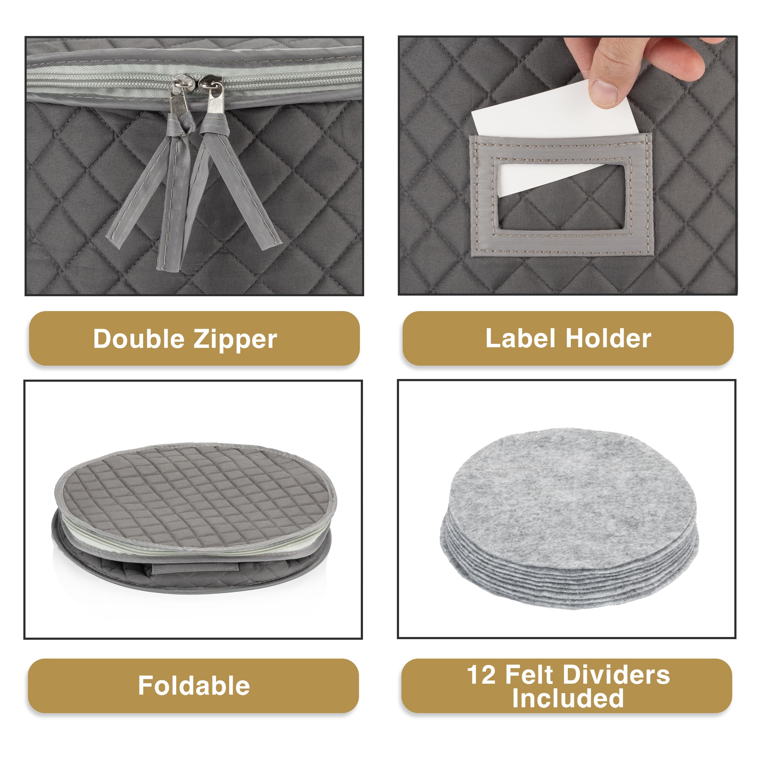 China Storage Case - Salad Plate Quilted Case - 10 inches Diameter x 6 inches Height - Gray - Includes 12 Felt Separators