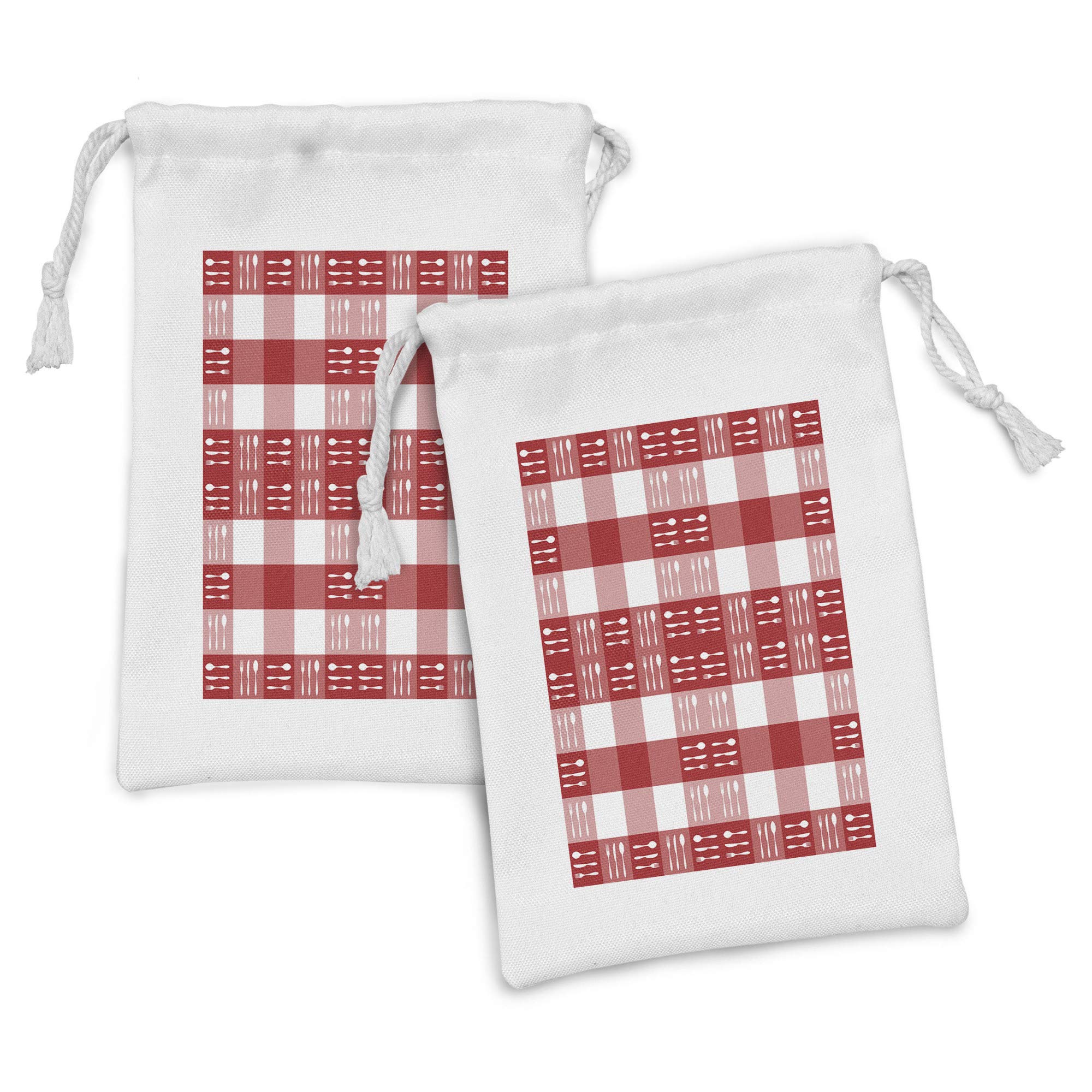 Ambesonne Checkered Fabric Pouch Set of 2, Cutlery Silhouettes on Squares Dining Picnic Tile Spoons Forks Dinner, Small Drawstring Bag for Toiletries Masks and Favors, 9" x 6", Coral Dark Coral White